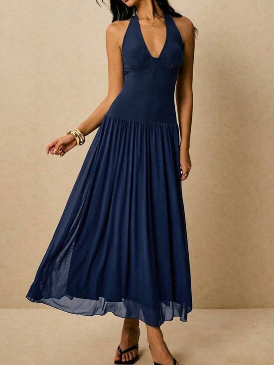 Dresses | Navy Blue Sexy Womens Open Back Tie Halter Neck Dress | Poshmark